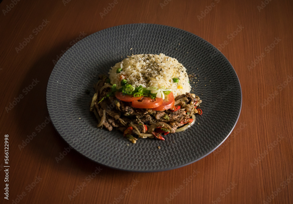 flat angle and closeup landscape photo with direct sunlight of plating ...