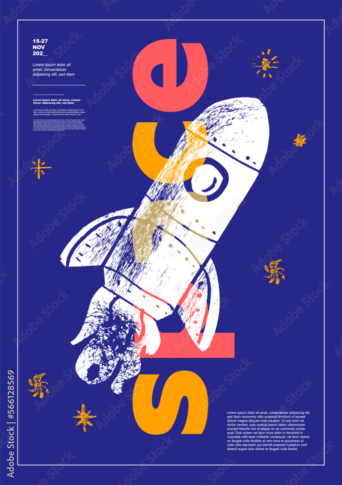 Space, rocket. Poster design. Vector illustrations. Typography. Vintage ...
