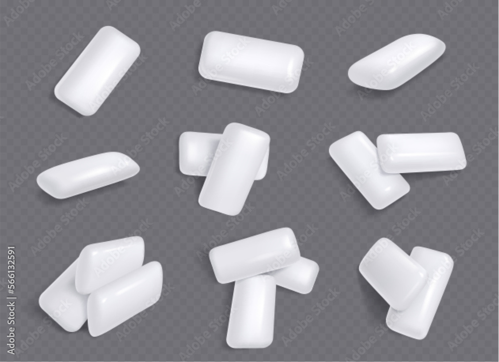 White chewing gums, mint candies for fresh breath. Piles of sweet ...