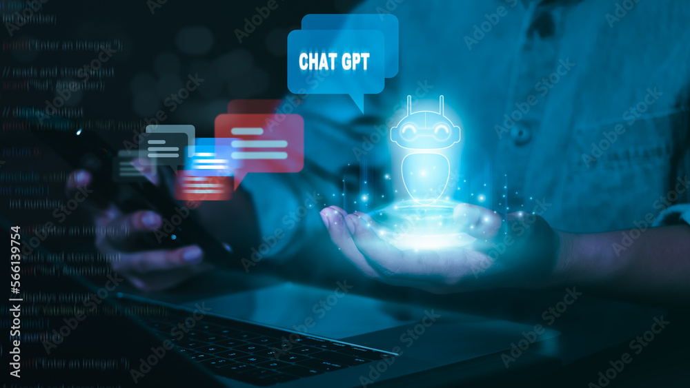 ChatGPT Chat with AI or Artificial Intelligence. Young businessman ...