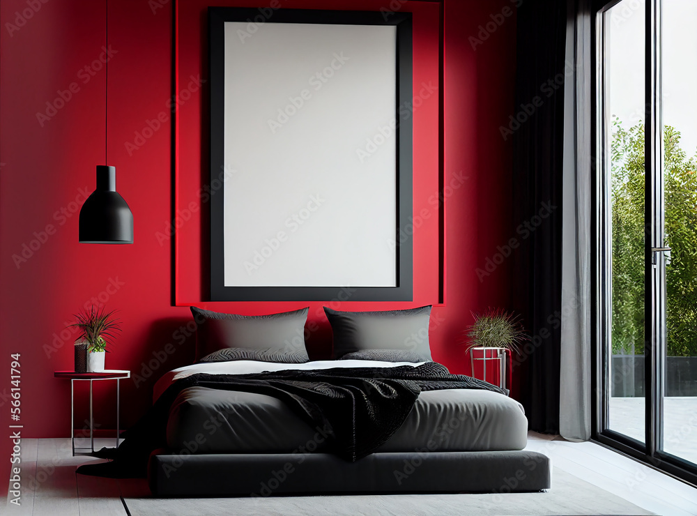 Mockup vertical frame bedroom home interior elegant furnishing, red and black colors, bed with ...