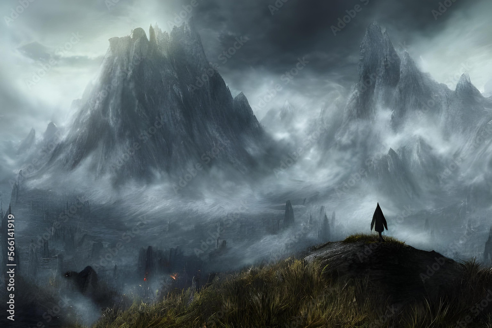 dark fantasy landscape. high fantasy landscape. Dark fantasy mountain ...