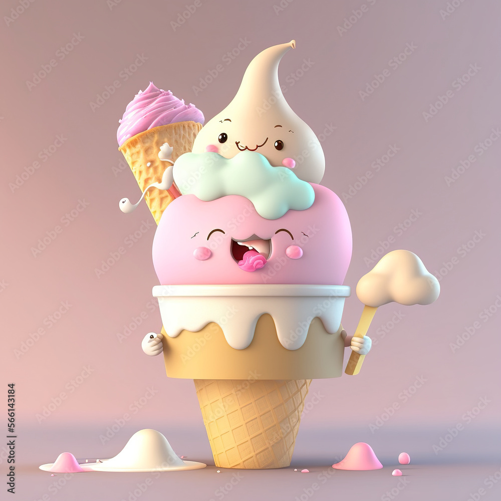 Cute ice cream cartoon 3D character. Generative Ai Stock Illustration ...