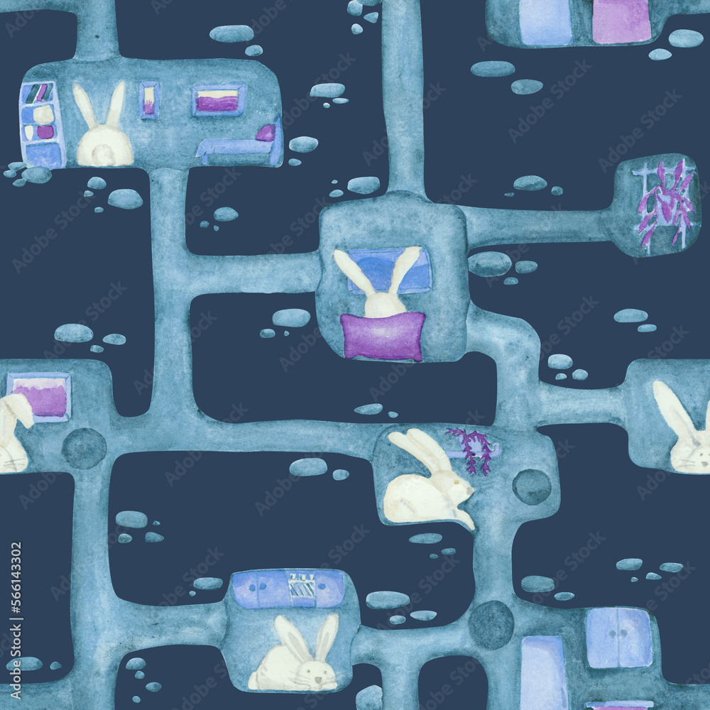 Rabbit hole map. Watercolor underground tunnels of rabbit home as a ...