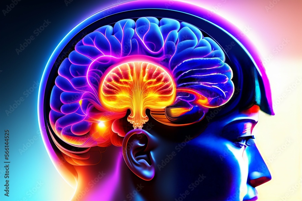 Fluorescent representation of a brain releasing its knowledge and ...