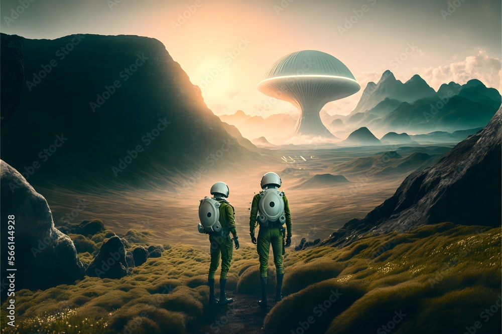 holding hands astronaut and astronaut stare at camera on an alien world ...