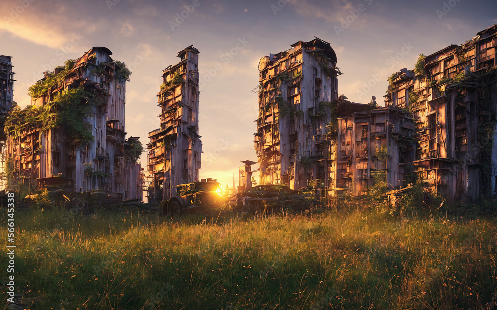 The last remains of us. The post-apocalyptic view of the ruins of a ...