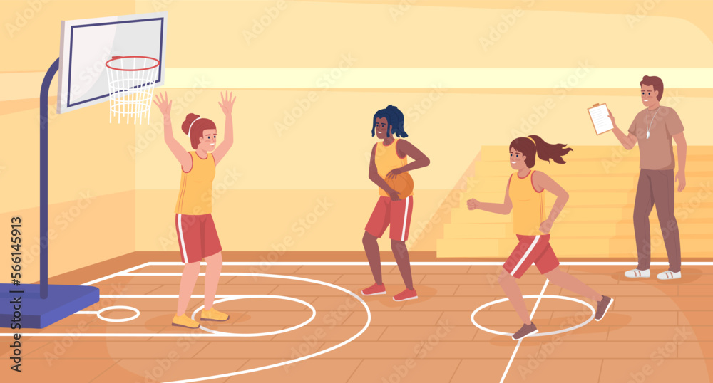 Athletic club in school flat color vector illustration. Sporty girls ...