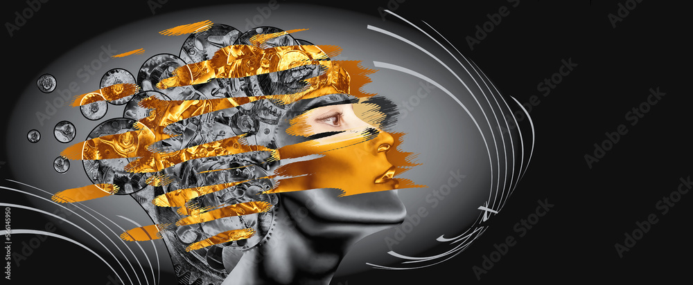 AI or Artificial Intelligence concept. Thinking businesswoman with gear ...