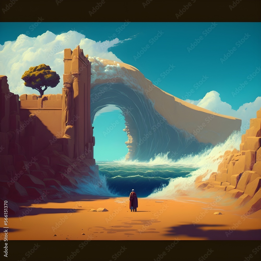 Moses and God opensparts the redsea so israel may pss to the other side ...