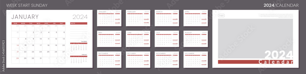 2024 Calendar Planner Template with cover. Vector layout grid of a wall ...