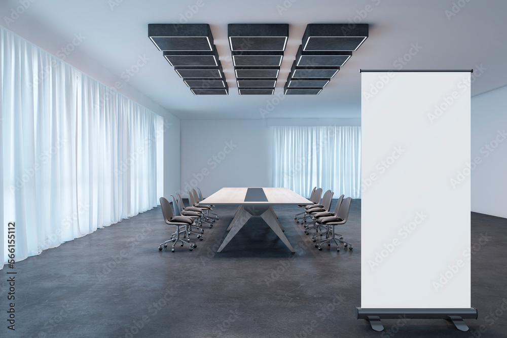 Modern conference room interior with blank white mock up roll up banner ...
