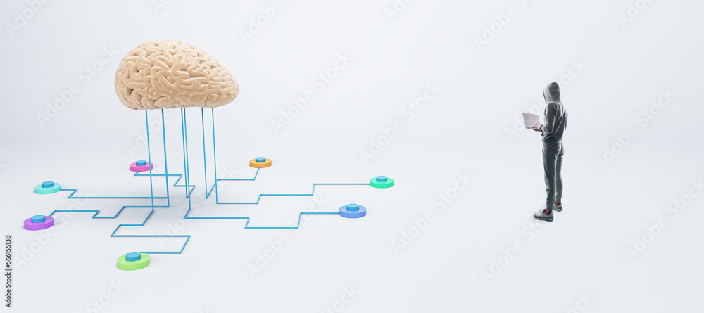 Hacker in hoodie using laptop with abstract human brain connected to ...