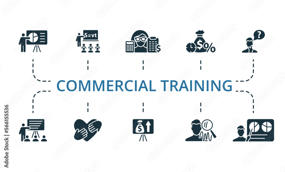 Commercial Training icon set. Monochrome simple Commercial Training ...