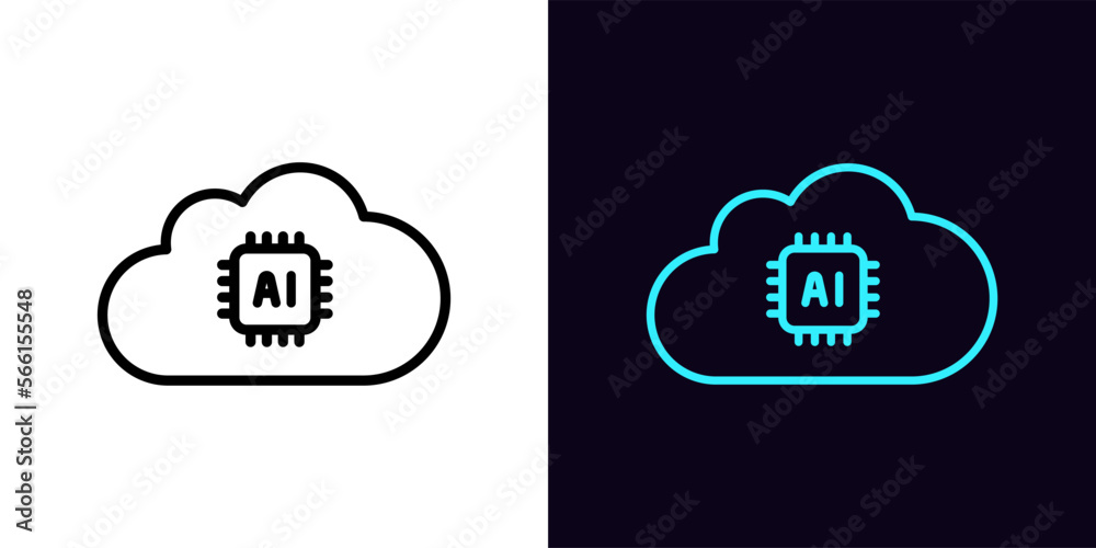 Outline cloud AI icon, with editable stroke. Cloud frame with AI chip ...