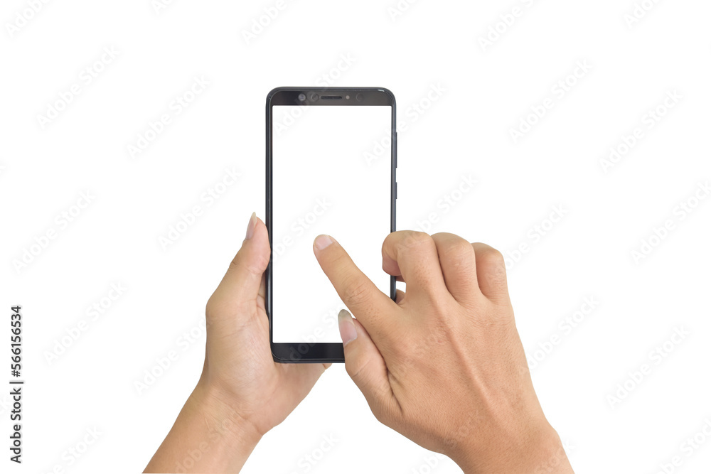 Hand holding phone mobile and touching screen on transparent background ...