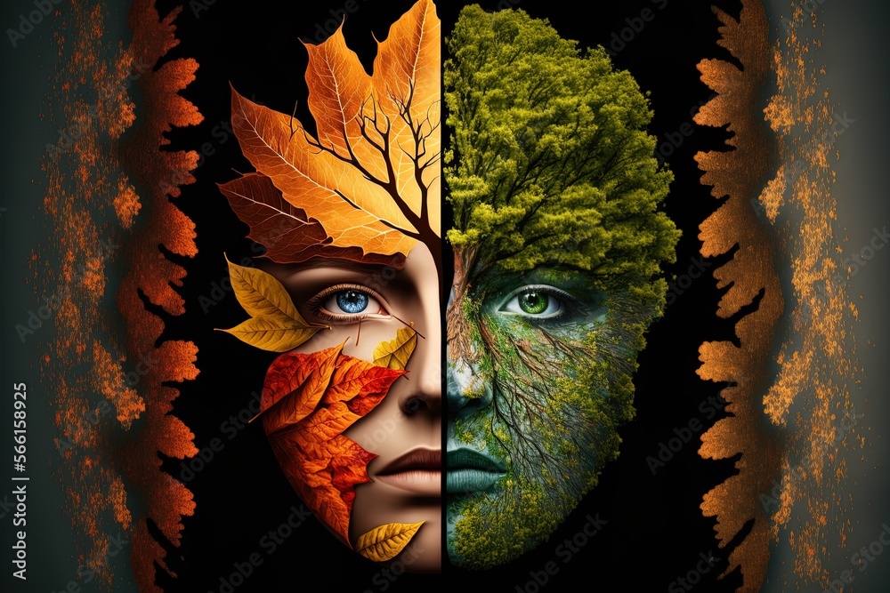 Generative AI illustration of the four temporal seasons in one face ...