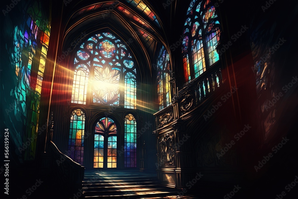 Generative AI Palace interior with high stained-glass windows made of ...