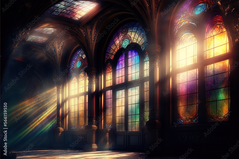 Generative AI Palace interior with high stained-glass windows made of ...