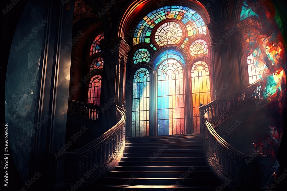 Generative AI Palace interior with high stained-glass windows made of ...