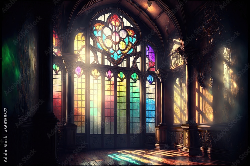 Generative AI Palace interior with high stained-glass windows made of ...