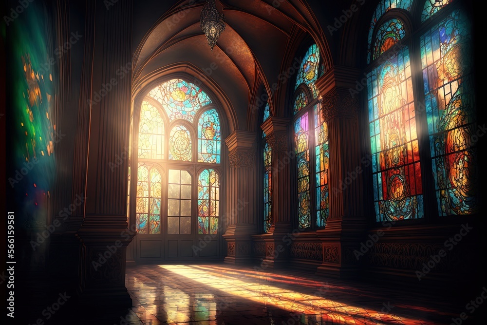 Generative AI Palace interior with high stained-glass windows made of ...