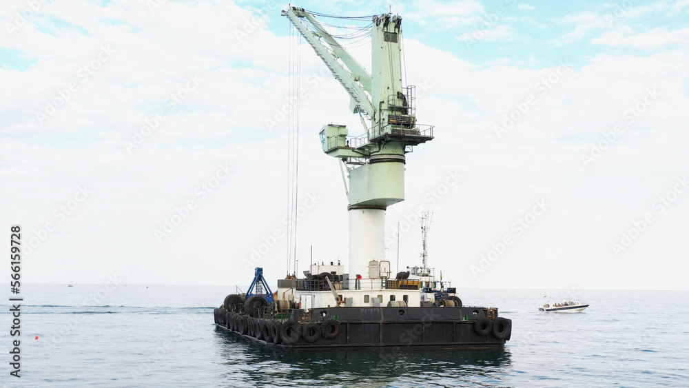 Floating marine crane in Odessa Black Sea. Offshore crane for loading ...