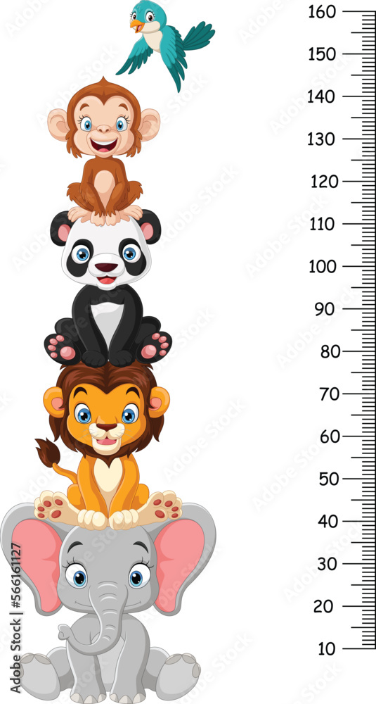 Cartoon zoo animals with meter wall Stock Vector | Adobe Stock