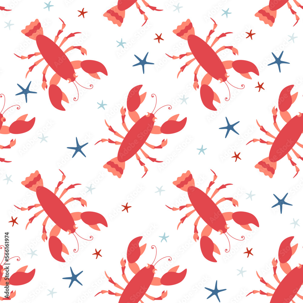 Seamless patternwith lobsters and sea stars. Cartoon cute lobster ...