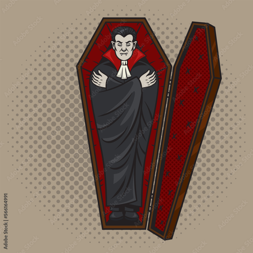 Vampire sleeping in a coffin pinup pop art retro vector illustration ...