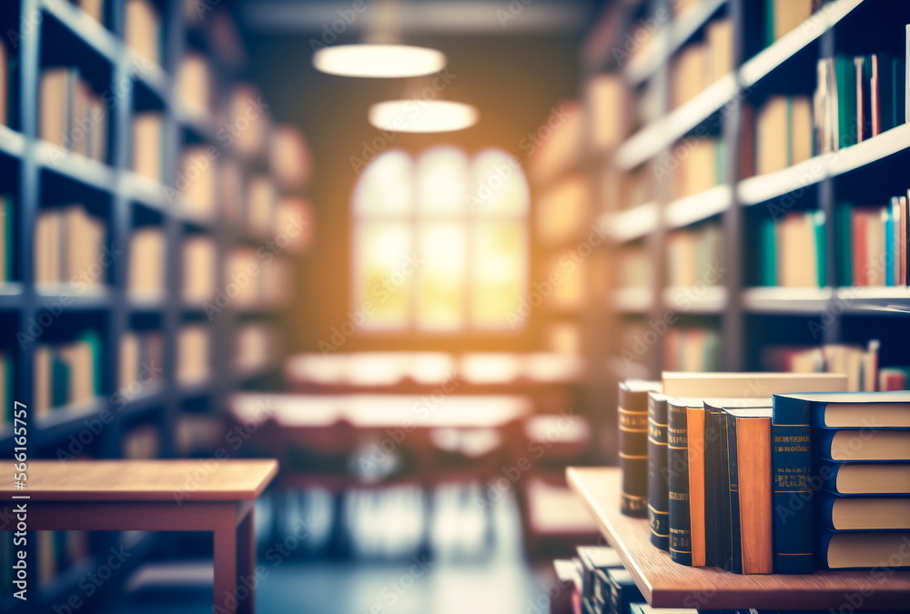 blurred empty college library interior space. Blurry classroom with ...