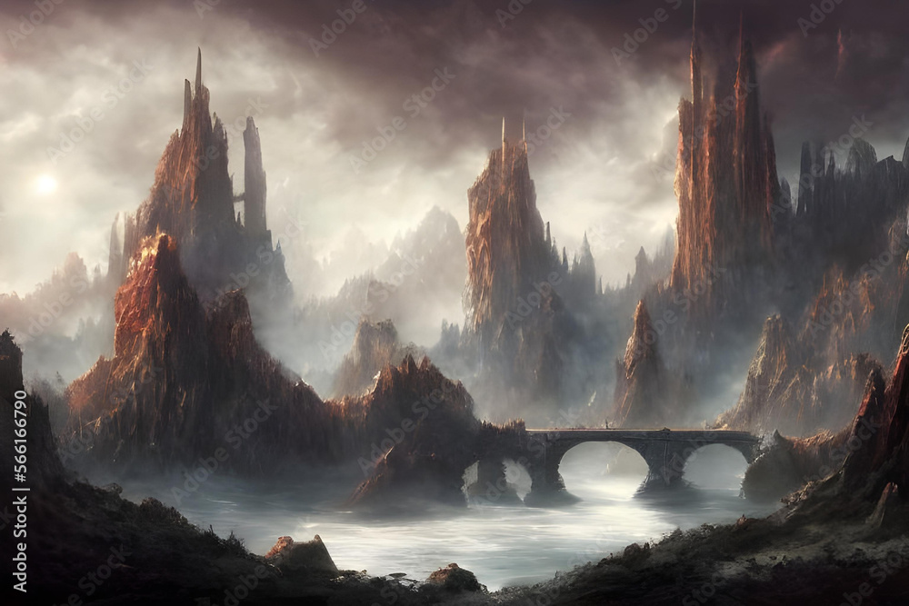 dark fantasy landscape. Cloudy high fantasy landscape. Dark fantasy ...