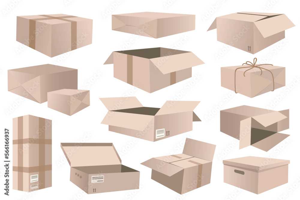 Carton boxes set graphic elements in flat design. Bundle of different ...