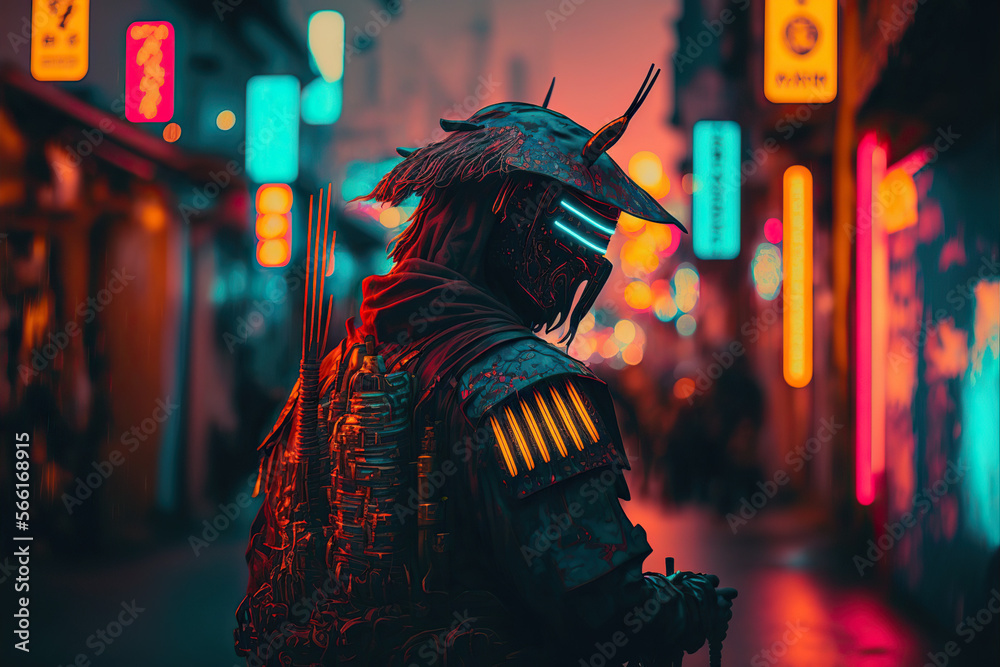 futuristic samurai potrait standing in cyberpunk science fiction city ...