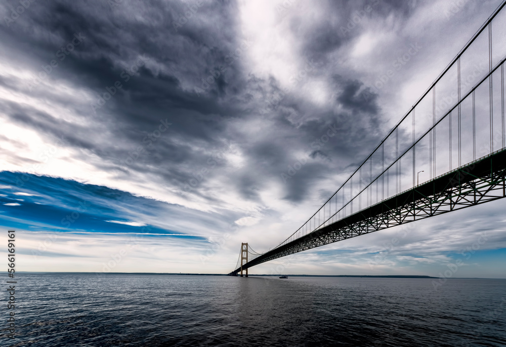 Mackinac Bridge crossing the straits of Mackinac connecting upper and ...