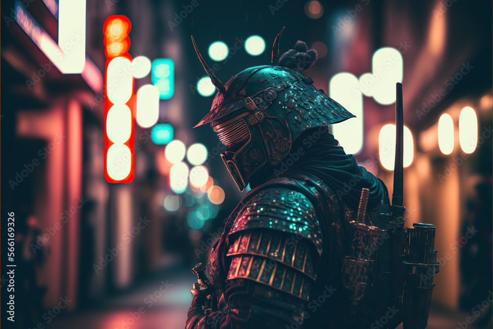 futuristic samurai potrait standing in cyberpunk science fiction city ...