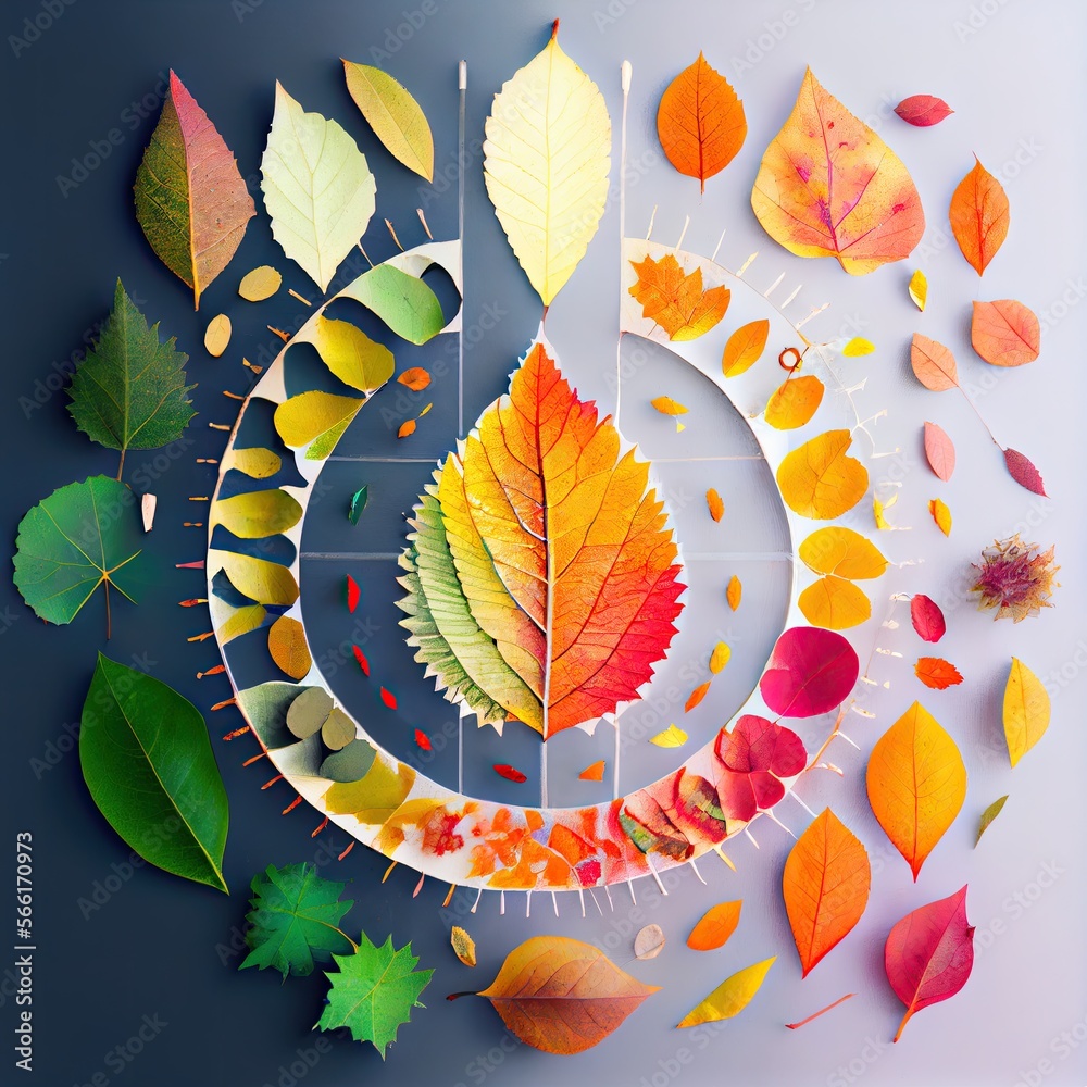 Fibonacci sequence of a knolling colorful autumn leaves - generative ai Stock Illustration ...