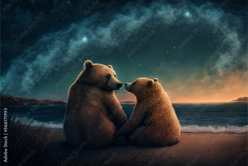 Bear on the beach, with beautiful sky full of stars, northern lights ...
