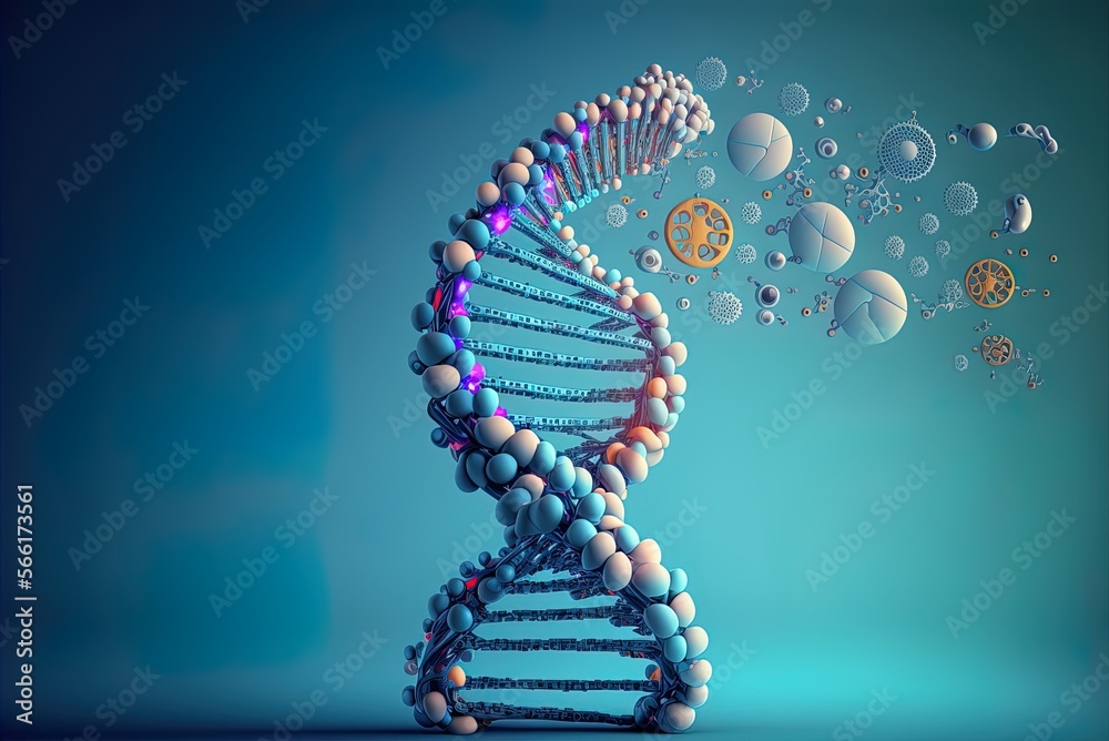 DNA structure as biochemical notion, set against blue backdrop, medical ...