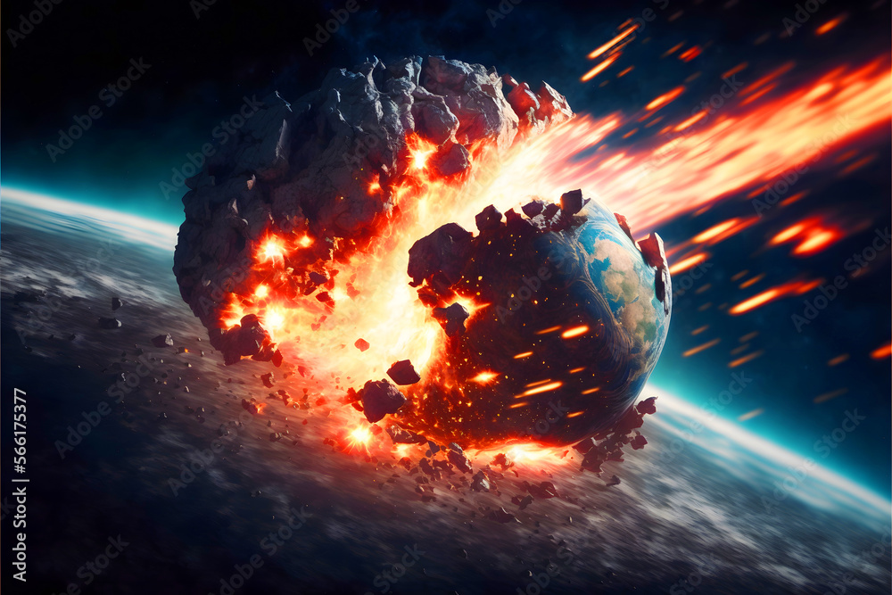 Broken asteroid on impact with planetary blast explosion, end of world ...