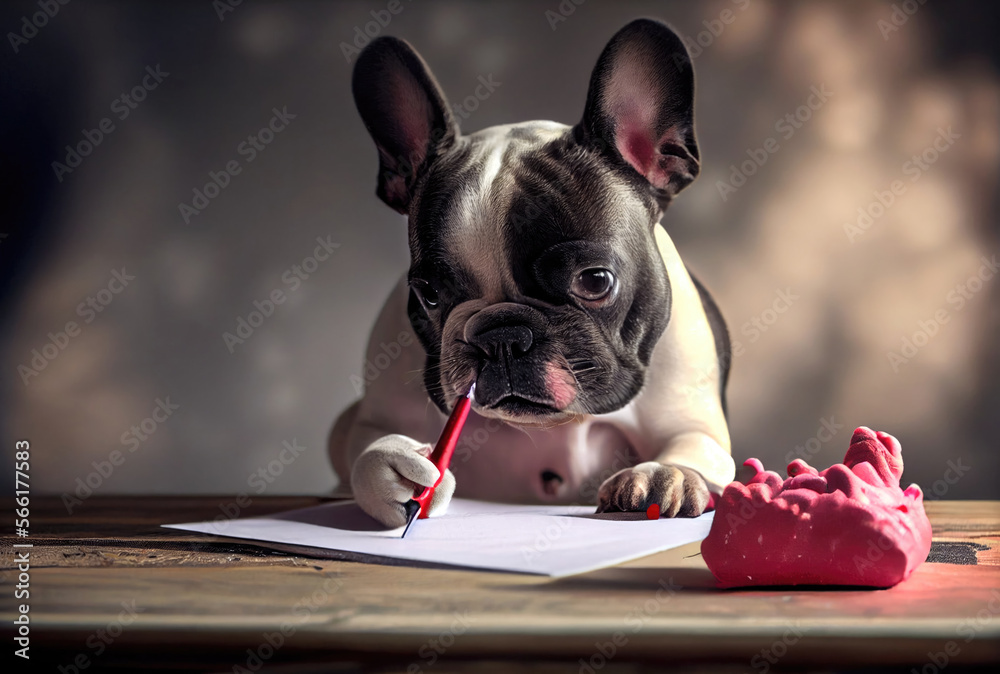 French Bulldog writing a love letter to the owner on a desk. Animal and ...