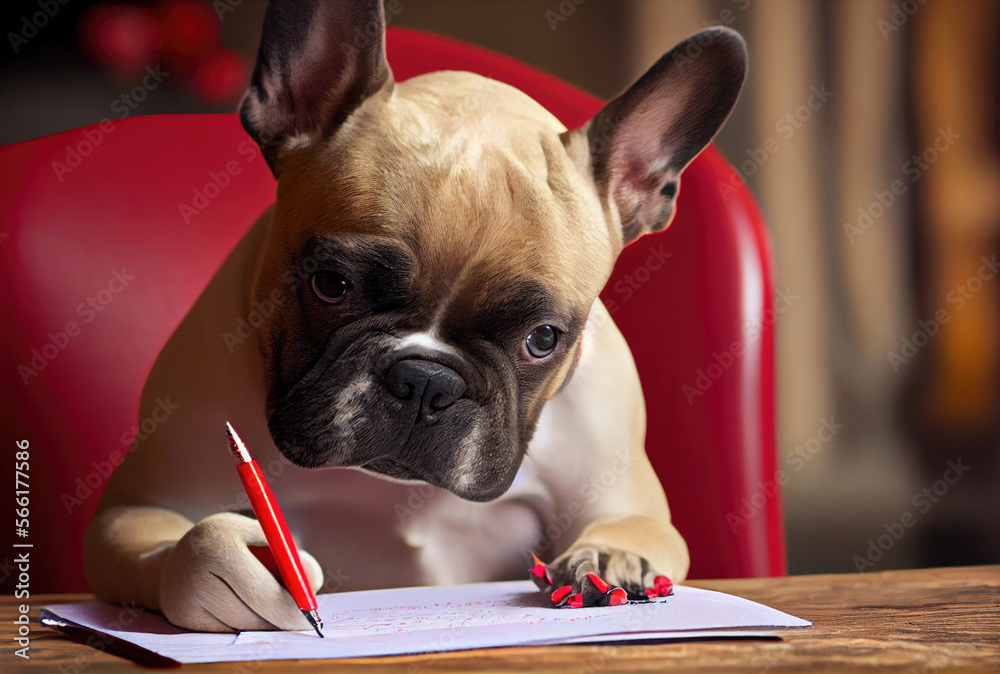 French Bulldog writing a love letter to the owner on a desk. Animal and ...