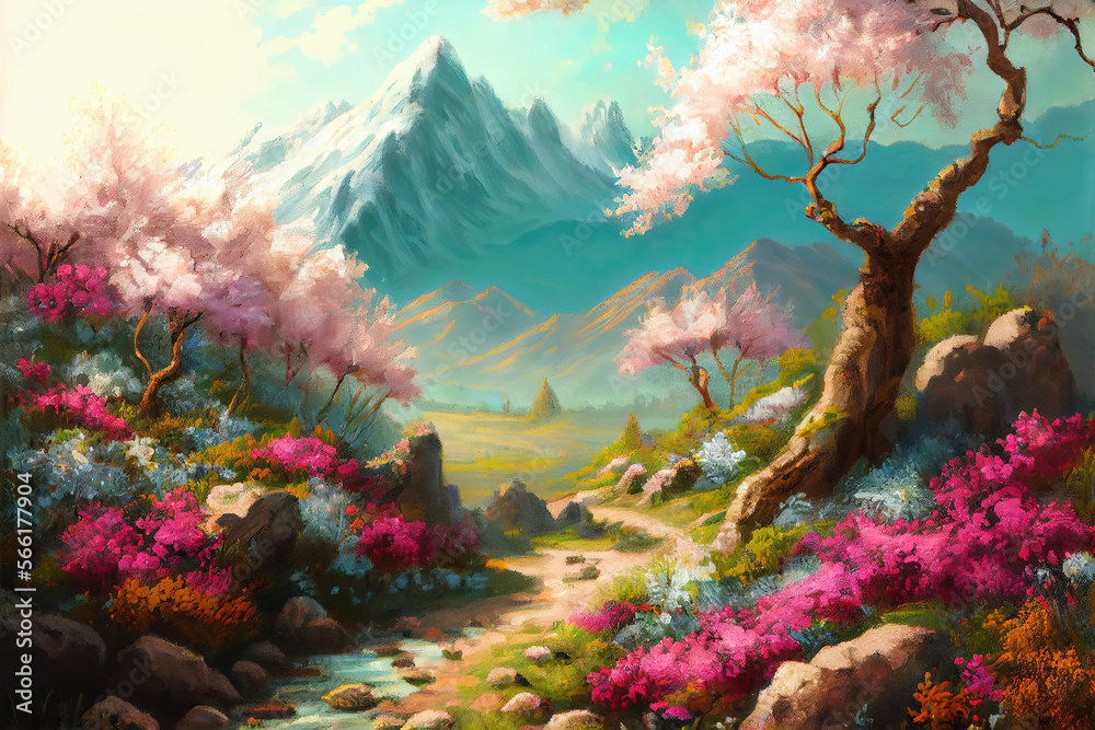 Hiking path to mountain in spring landscape illustration (Generative AI ...