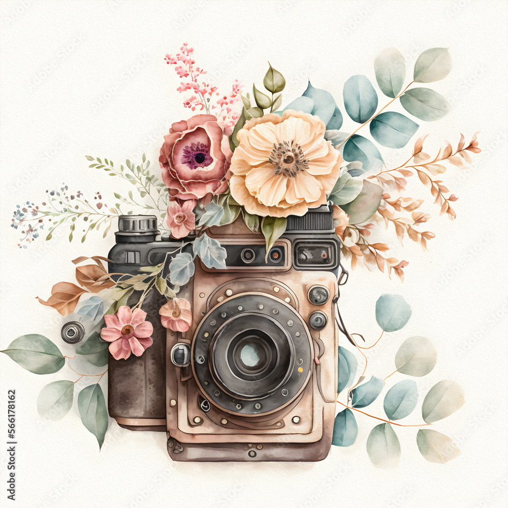 Retro camera in flowers and plants. photo camera. Can be used as print ...