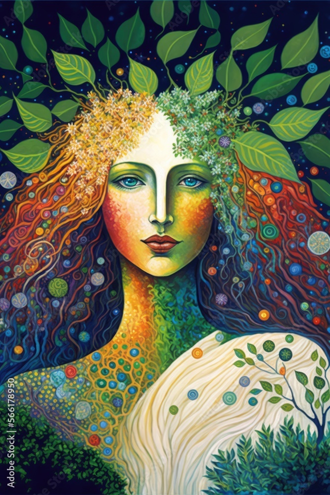 Illustration of a goddess of nature merges with tree branches leaves ...