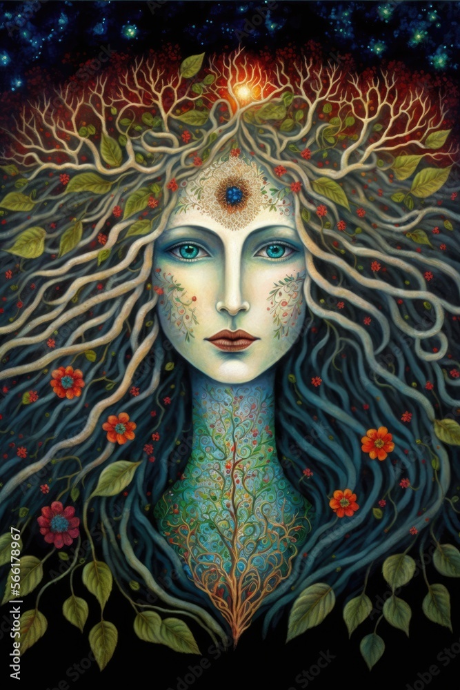 Illustration of a goddess of nature merges with tree branches leaves ...