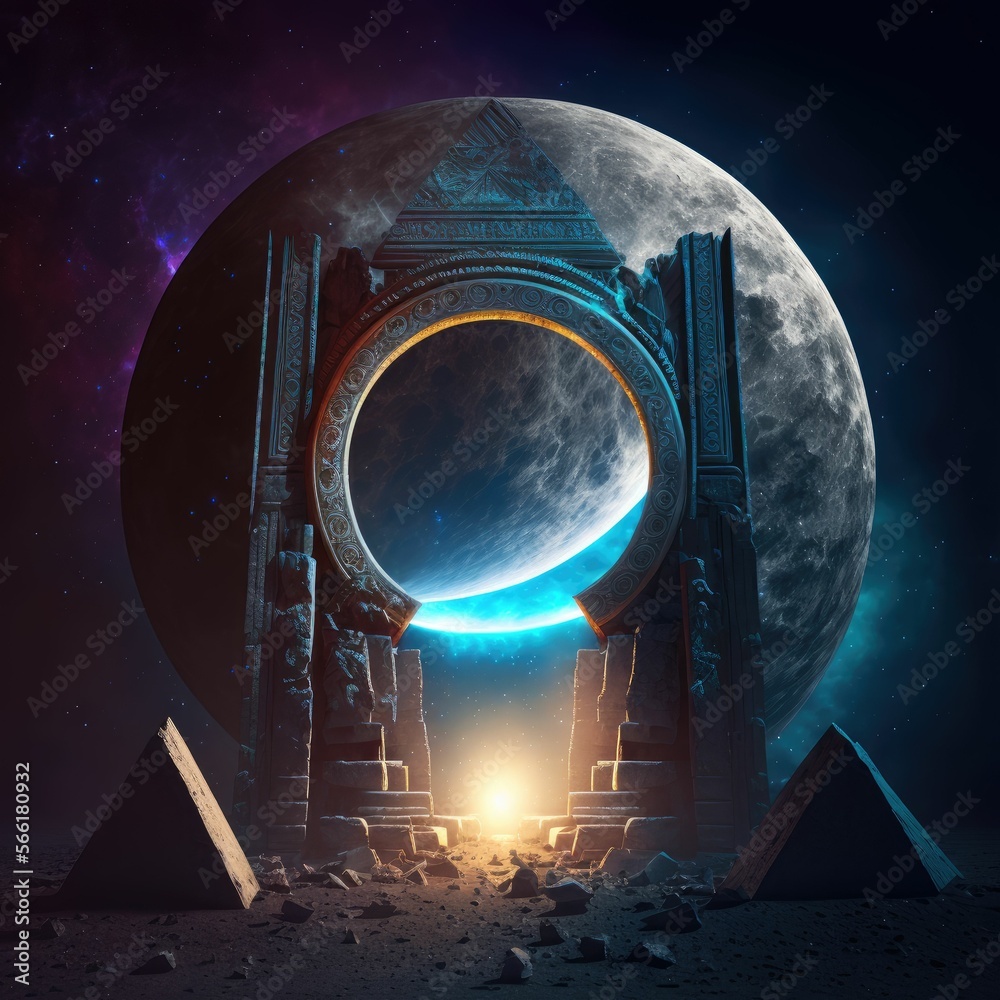 Adventurer walking through a giant gate to another world, fantasy art ...