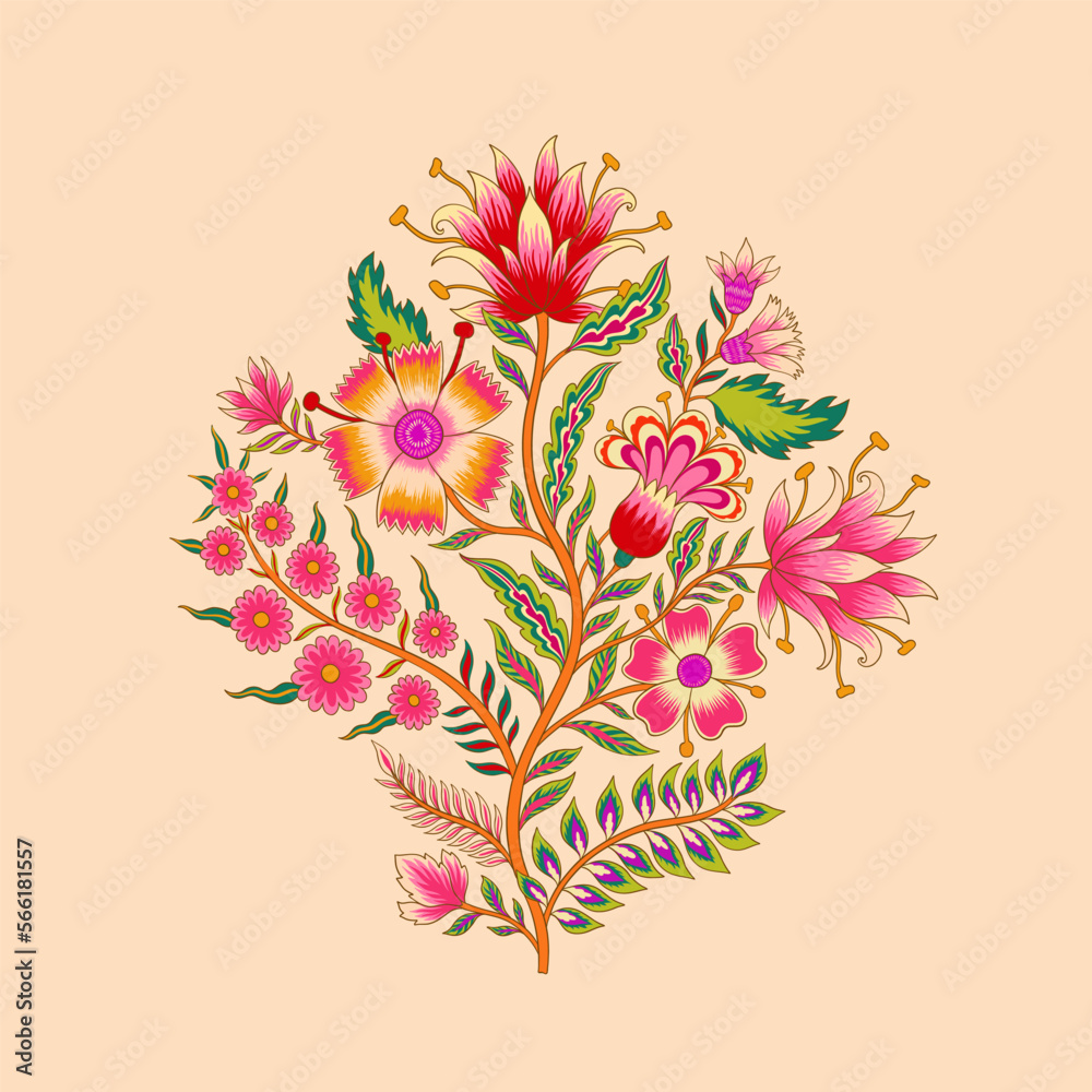 Mughal Art is a traditional bunch of floral ornaments. A multi-color ...