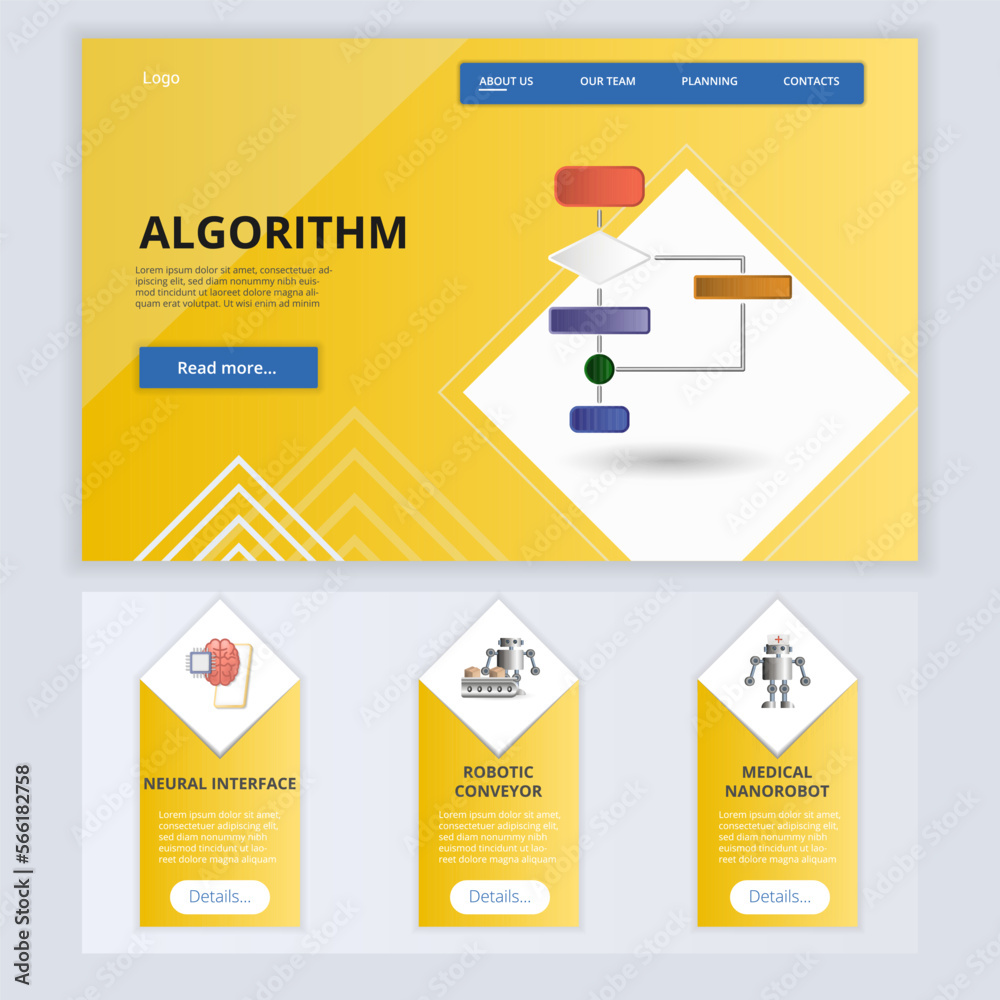 Algorithm flat landing page website template. Neural interface, robotic ...