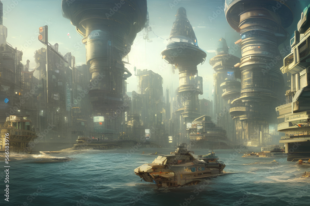 Stunning futuristic seaside cyberpunk city of advanced alien ...